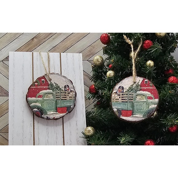 Epic Farms | Holiday | Classic Green Truck Farm Scene Dog Wooden Disk ...
